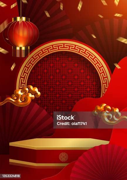 3d 포디움 라운드 스퀘어 박스 무대 연단과 종이 예술 중국 새해 중국 축제 중간 가을 축제 빨간 종이 컷 팬 꽃과 배경에 공예 스타일 아시아 요소 빨강에 대한 스톡 벡터