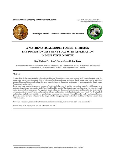 Pdf A Mathematical Model For Determining The Dimensionless Heat Flux With Application In Mine