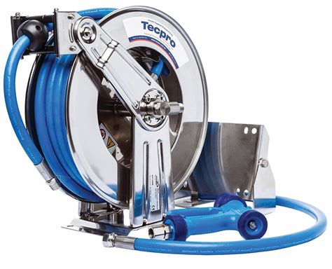 Tecpro Food And Beverage Hose Reel Assembly Stainless Steel Reel Rb65 Wash Down Gun Swivel