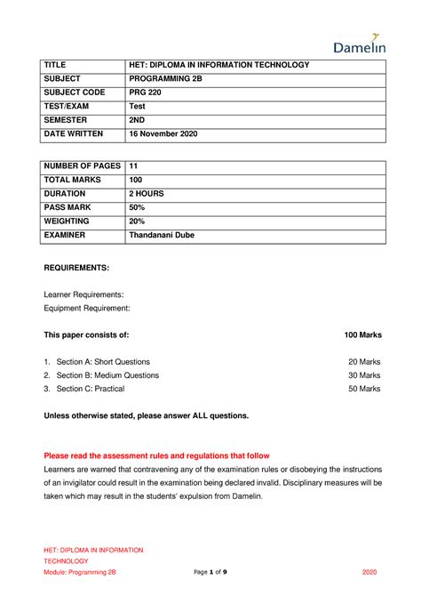 Programming 2B Test HET DIPLOMA IN INFORMATION TECHNOLOGY TITLE HET DIPLOMA IN INFORMATION