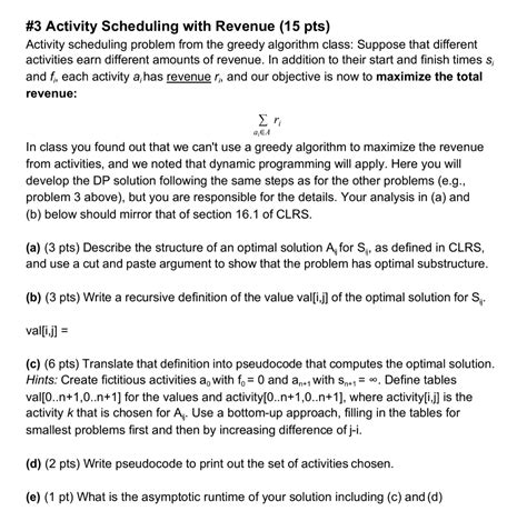 solved 3 activity scheduling with revenue 15 pts activity