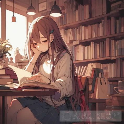 Anime Girl Reading In Bookstore