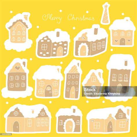스티커 세트 진저 브레드 하우스 벡터 일러스트 레이 션 손 그리기 개체 그룹에 대한 스톡 벡터 아트 및 기타 이미지 개체