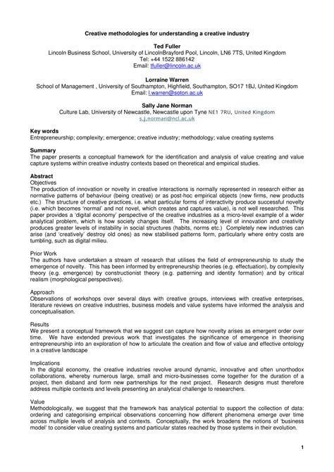 Pdf Creative Methodologies For Understanding A Creative Industry