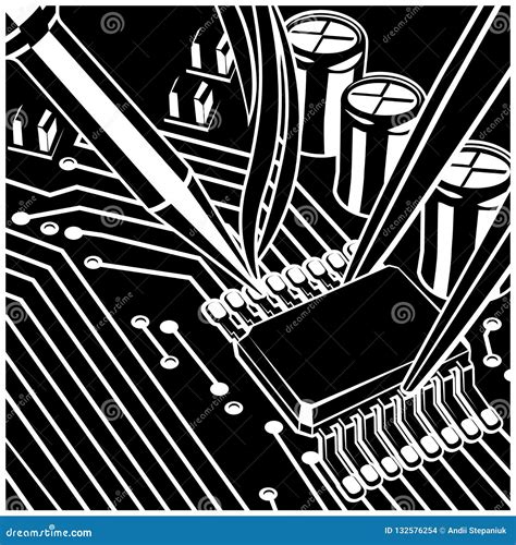 Soldering A Micro Chip Processor With Iron Tool On A Green Circuit Boad