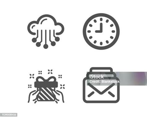 클라우드 스토리지 선물 및 시계 아이콘입니다 메일 기호입니다 데이터 서비스 현재 시간 또는 시계 새 메시지 벡터 0명에 대한 스톡 벡터 아트 및 기타 이미지 Istock