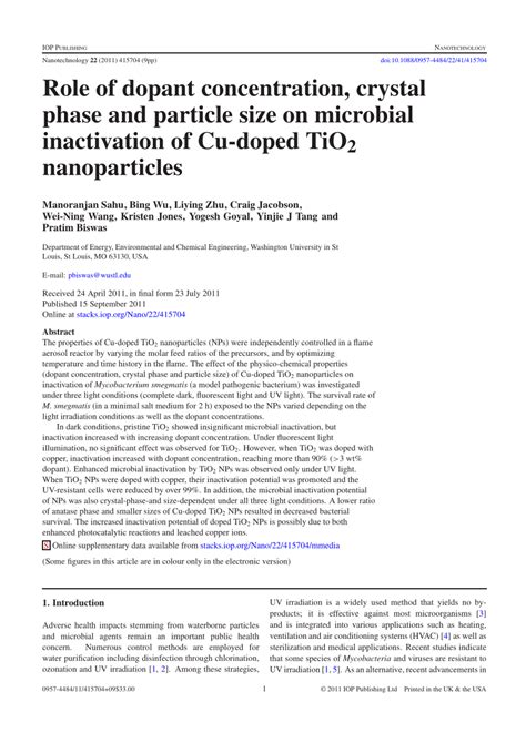 Pdf Role Of Dopant Concentration Crystal Phase And Particle Size On Microbial Inactivation Of