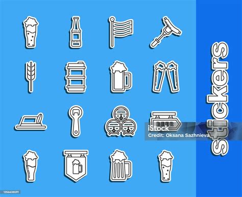 맥주 의 세트 라인 유리 비문 맥주와 거리 간판 국립 독일 국기 금속 통 시리얼 세트 쌀 밀 옥수수 귀리 호밀 보리 아이콘 벡터 곡초류에 대한 스톡 벡터 아트 및 기타
