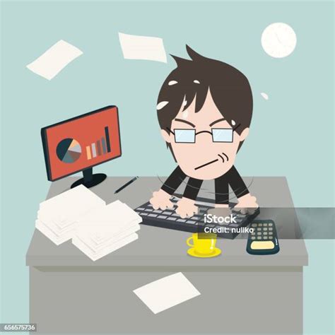사업가 빠른 입력에서 오피스 문서와 거의 시간 초과의 거 대 한 더미 중 책상에 계산기에 대한 스톡 벡터 아트 및 기타 이미지 계산기 그래프 기업 비즈니스 Istock