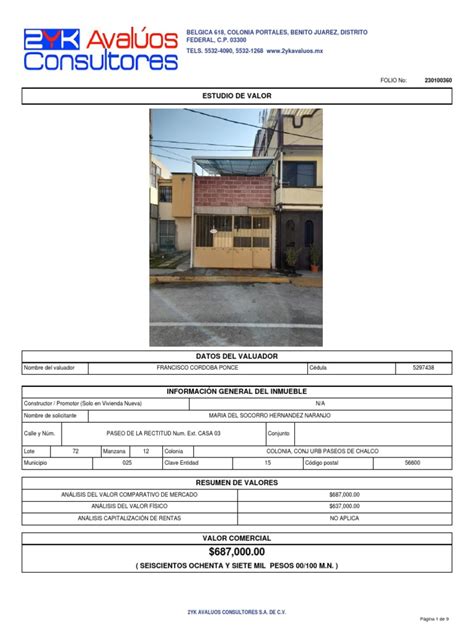 Ejemplo De Avaluo Casa Habitacion Pdf Medición Valoración Finanzas