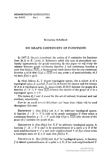 Pdf On Graph Continuity Of Functions Katarína Sakálová