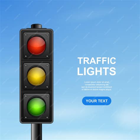 푸른 하늘 배경 안전 규칙 개념 설계 Templete 신호등 템플릿에 3d 현실적인 상세한 도로 신호등이 있는 벡터 배너