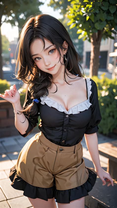 짧은 치마와 검은색 상의를 입은 아시아 여성 Seaart Ai