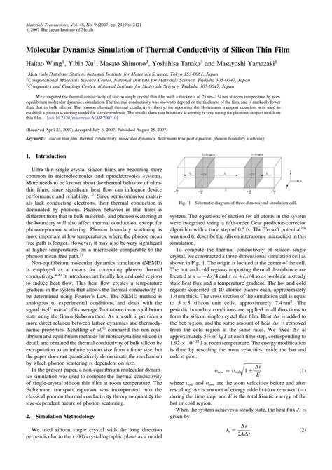 Pdf Molecular Dynamics Simulation Of Thermal Conductivity Of Silicon Thin Film