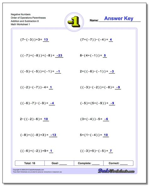Addition And Subtraction Negative Numbers Worksheets Integer