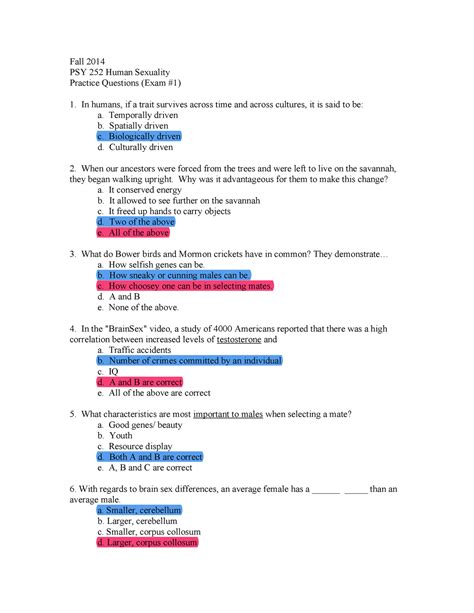 Practice Questions Exam 1 Fall 2014 PSY 252 Human Sexuality Practice Questions Exam 1 In