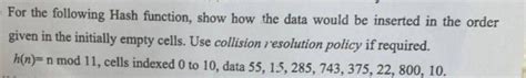 Solved For The Following Hash Function Show How The Data Chegg Com