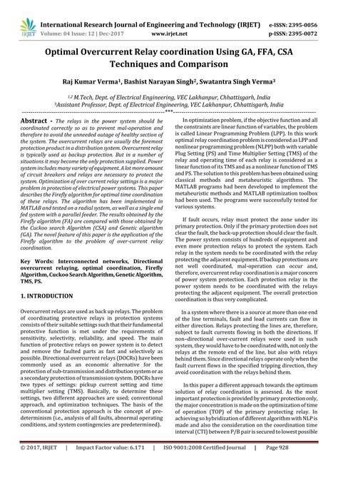 Optimal Overcurrent Relay Coordination Using Ga Ffa Csa Techniques And Comparison Pdf