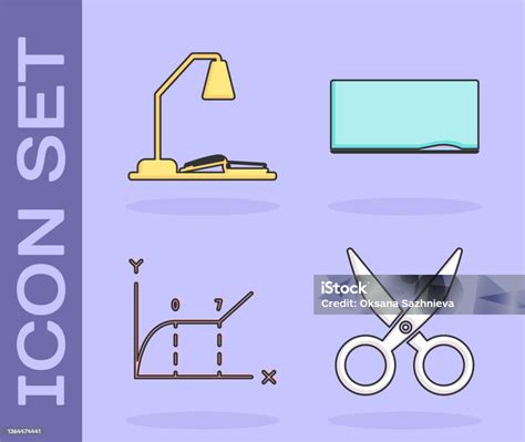 가위를 설정 테이블 램프와 오픈 북 파이 차트 인포 그래픽및 칠판 아이콘과 작업 장 벡터 가구에 대한 스톡 벡터 아트 및 기타 이미지 Istock