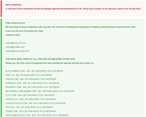 cl0p ransomware releases a list of companies related to the cleo exploit