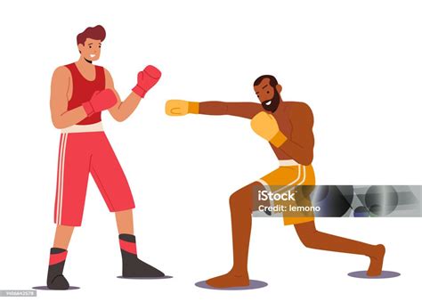 두 명의 운동 남성이 스포츠 링에 장갑 복싱을 착용합니다 남성 캐릭터 스포츠맨 복서 펀칭과 공격의 커플 권투 스포츠에 대한 스톡 벡터 아트 및 기타 이미지 Istock