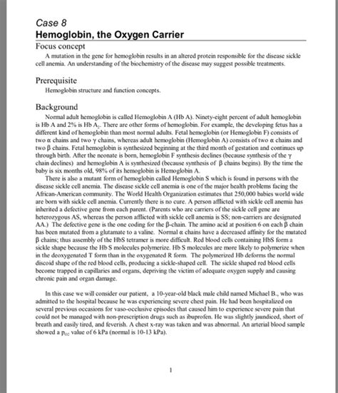 solved case 8 hemoglobin the oxygen carrier focus concept a
