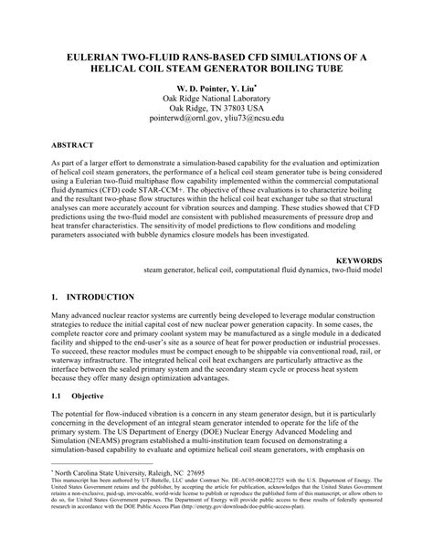 Pdf Eulerian Two Fluid Rans Based Cfd Simulations Of A Helical Coil Steam Generator Boiling Tube