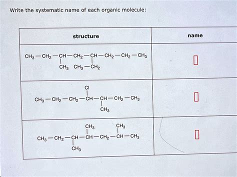 Write The Systematic Name Of Each Organic Molecule Structure Ch3 Ch2 Ch Ch2 Ch Ch2 Ch2 Ch3 Ch3