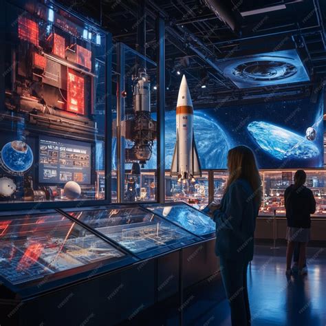 A Visitor Exploring A Science Museums Space Exploration Section With Models And Simulations