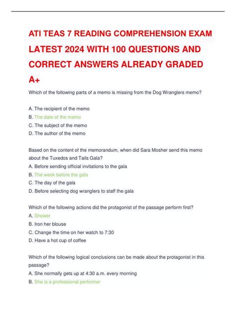 ATI TEAS READING COMPREHENSION EXAM LATEST WITH QUESTIONS AND CORRECT ANSWERS ALREADY