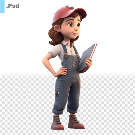Premium Psd 3d Rendering Of A Cartoon Character In Overalls With A Folder Psd Template