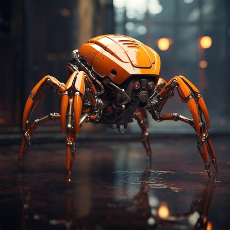 Premium Ai Image Photograph Of A Pearlescent Orange Red Spider Mecha Robot With Metallic Armor