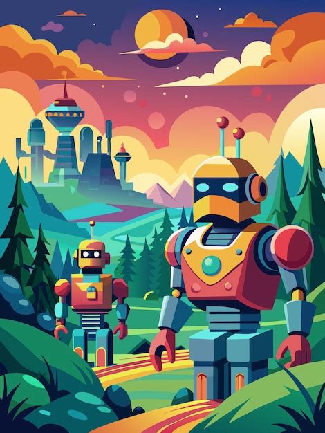 Two Robots Exploring A Futuristic Landscape At Sunset Premium Ai