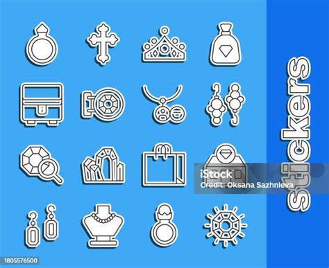 세트 라인 다이아몬드 보석 가게 귀걸이 왕관 상자 약혼 및 로켓 목걸이 아이콘 벡터 0명에 대한 스톡 벡터 아트 및 기타 이미지