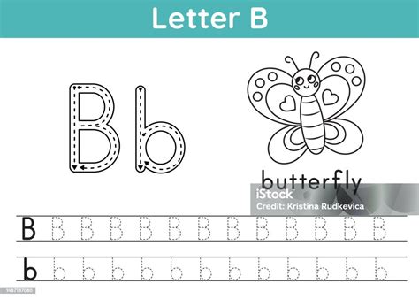 알파벳 Abc Az 운동 색칠하기 페이지 추적 문자 B 색칠하기 책에 대한 어휘 귀여운 만화 나비입니다 인쇄 가능한 활동 워크시트 벡터 그림 공부에 대한 스톡 벡터 아트 및