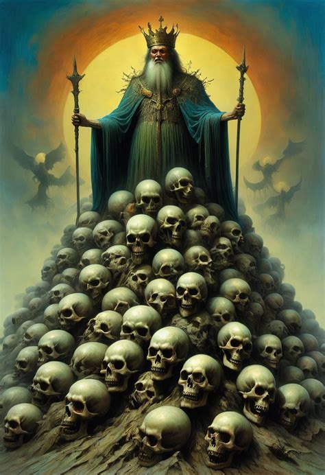 그림，해골 더미 위에 서 있는 추악한 왕 방해하는 기다 음울한 썩은 Zdzislaw Beksinski의 높은 채도 Seaart Ai