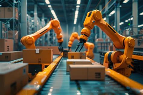 Robotic Arms Sort Cardboard Boxes In A Warehouse Premium Ai Generated