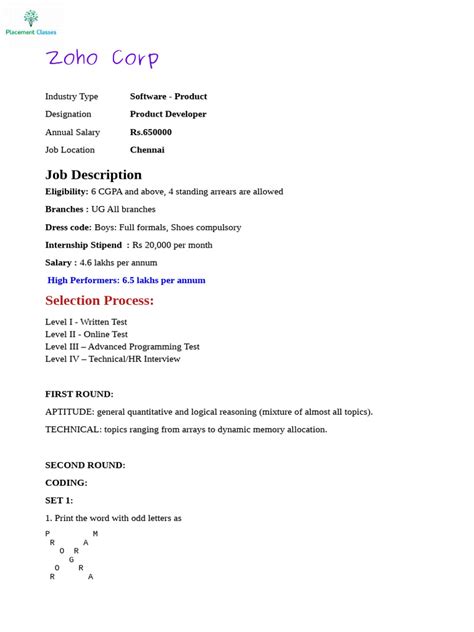 Zoho 1 Samplepaper Placementclasses Pdf String Computer Science Numbers