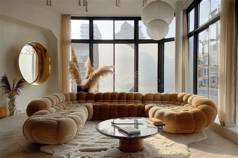 Living Room With Large Windows And A Brown Tufted Sofa In The Style Of Soft And Rounded Forms