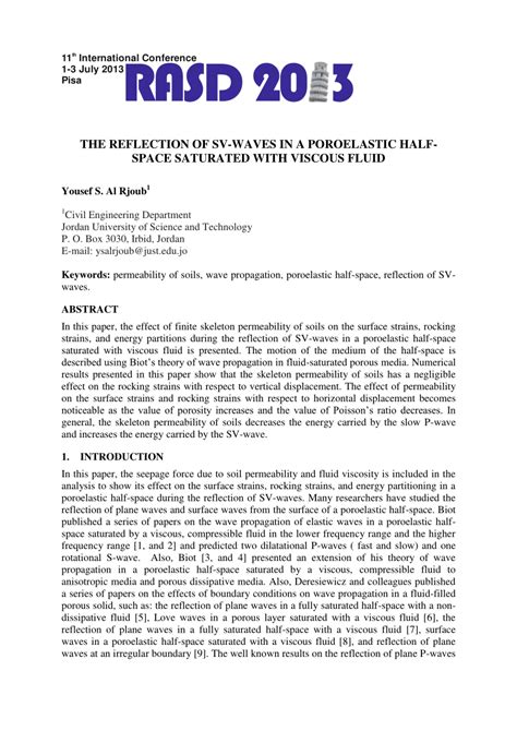 Pdf The Reflection Of Sv Waves In A Poroelastic Half Space Saturated With Viscous Fluid