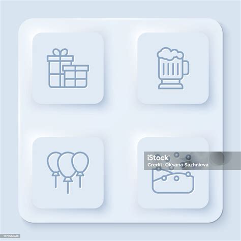 세트 라인 선물 상자 나무 맥주 잔 리본과 강설량이있는 풍선 흰색 사각형 버튼입니다 벡터 겨울에 대한 스톡 벡터 아트 및 기타 이미지 Istock