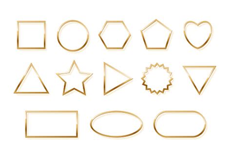 흰색 배경에 그림자가 있는 골드 메탈 사진 프레임 현실적인 템플릿 벡터 일러스트 레이 션 세트 간단한 황금 사각형 원 삼각형