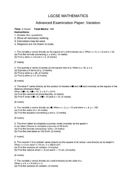 Lgcse Advanced Variation Exam Paper Pdf
