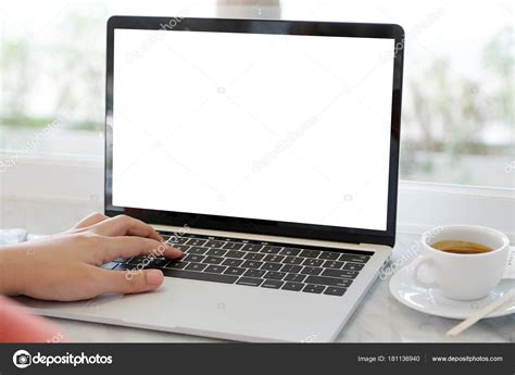 Man Hands Typing Laptop Computer With Blank Screen For Mock Up T
