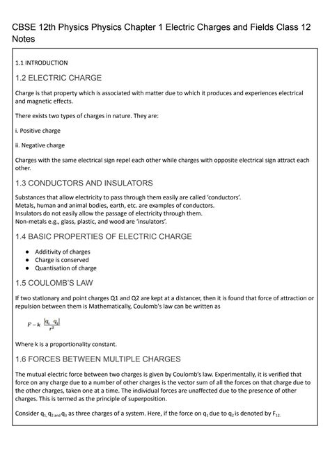 Solution Cbse Class 12 Physics Ch 1 Electric Charges And Fields Notes