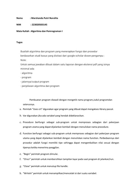 Pdf Marshanda Putri Nurulita 223020503145 Uas Algoritma Dan Pemrograman I