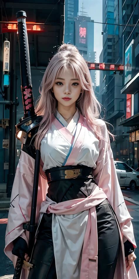 A Close Up Of A Person With A Sword On A City Street Seaart Ai