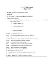 Lab7 Regression Docx CST8390 Lab 7 Regression Due Date Mar 5 And 7 In Corresponding Lab