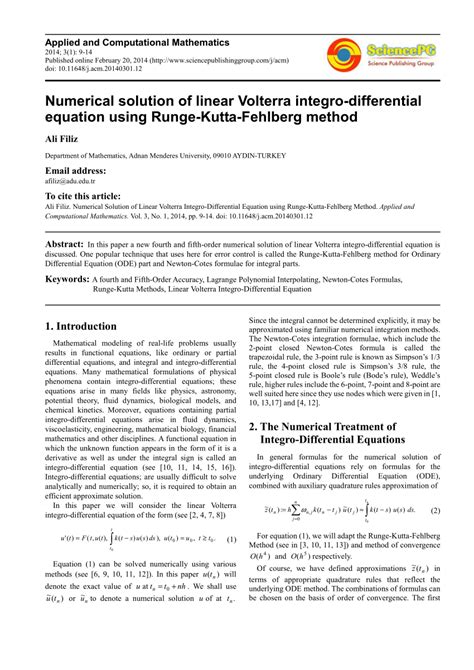 Pdf Numerical Solution Of Linear Volterra Integro Differential Equation Using Runge Kutta
