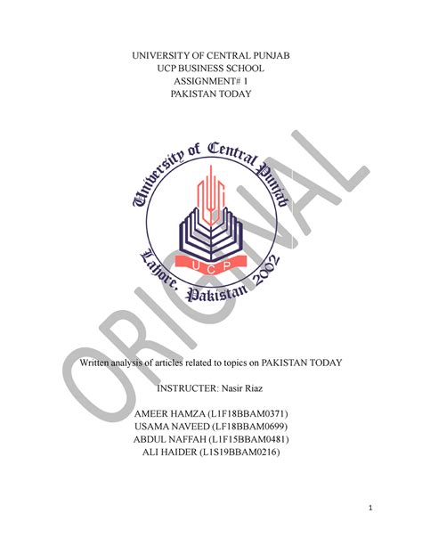 University OF Central Punjab UNIVERSITY OF CENTRAL PUNJAB UCP BUSINESS SCHOOL ASSIGNMENT